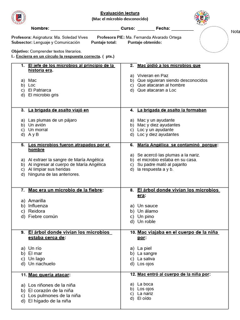 Evaluación sobre Mac el microbio desconocido | PDF