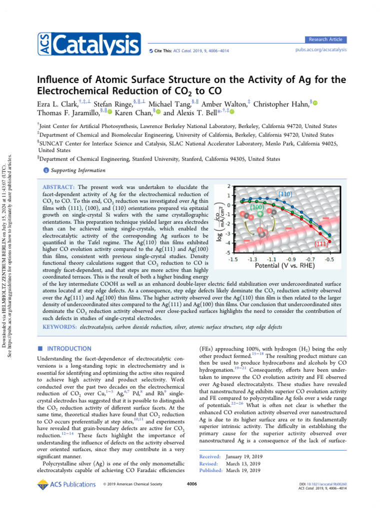 Clark Et Al 2019 Influence Of Atomic Surface Structure On The Activity Of Ag For The