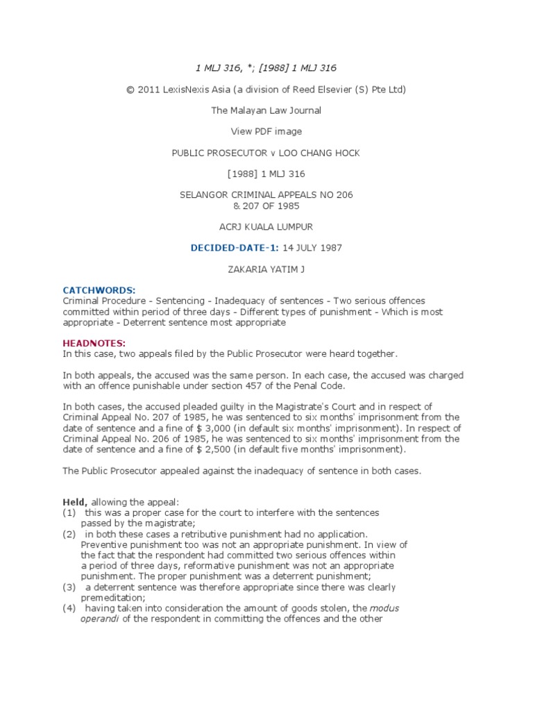1 MLJ 316 PP V Loo Chang Hock | PDF | Deterrence (Legal) | Punishments