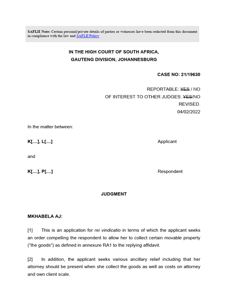 KL V KP Rei Vindicatio Movable Property | PDF | Common Law | Justice