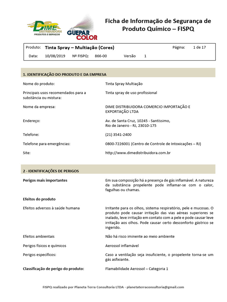 FISPQ Tinta Spray Multiação | PDF | Incêndios | Tinta
