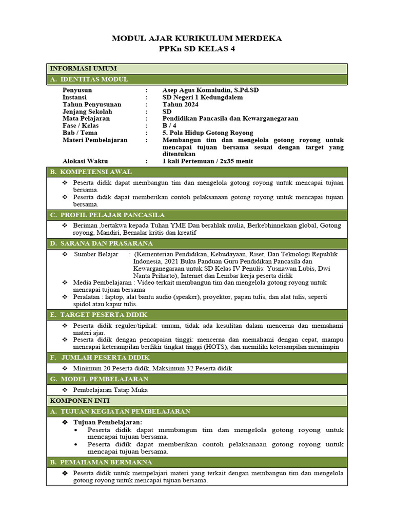 Modul Ajar PPKN Kelas 4 Gotong Royong | PDF