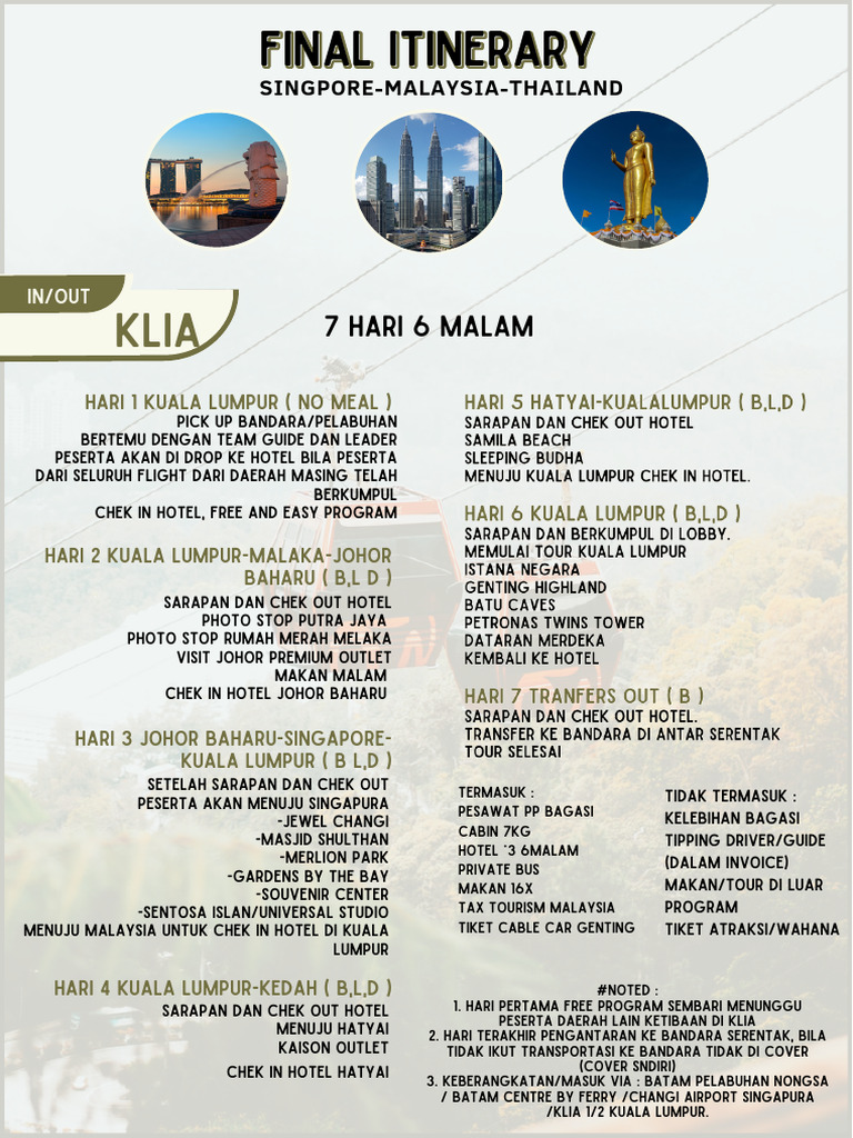 Itinerary 3n 7h6m In&out Klia | PDF