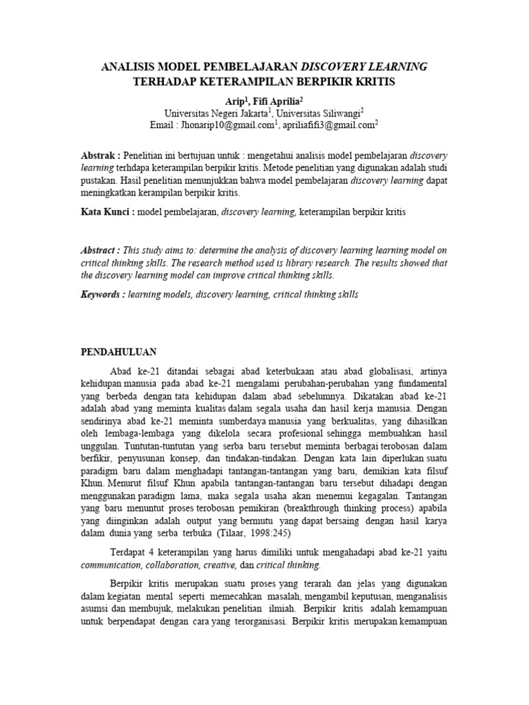 Analisis Model Pembelajaran Discovery Learning Terhadap Keterampilan Berpikir Kritis | PDF ...
