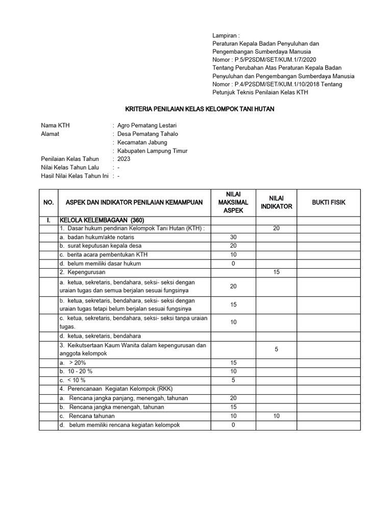 Blanko Penilaian KTH P.5 - Agro Pematang Lestari I | PDF