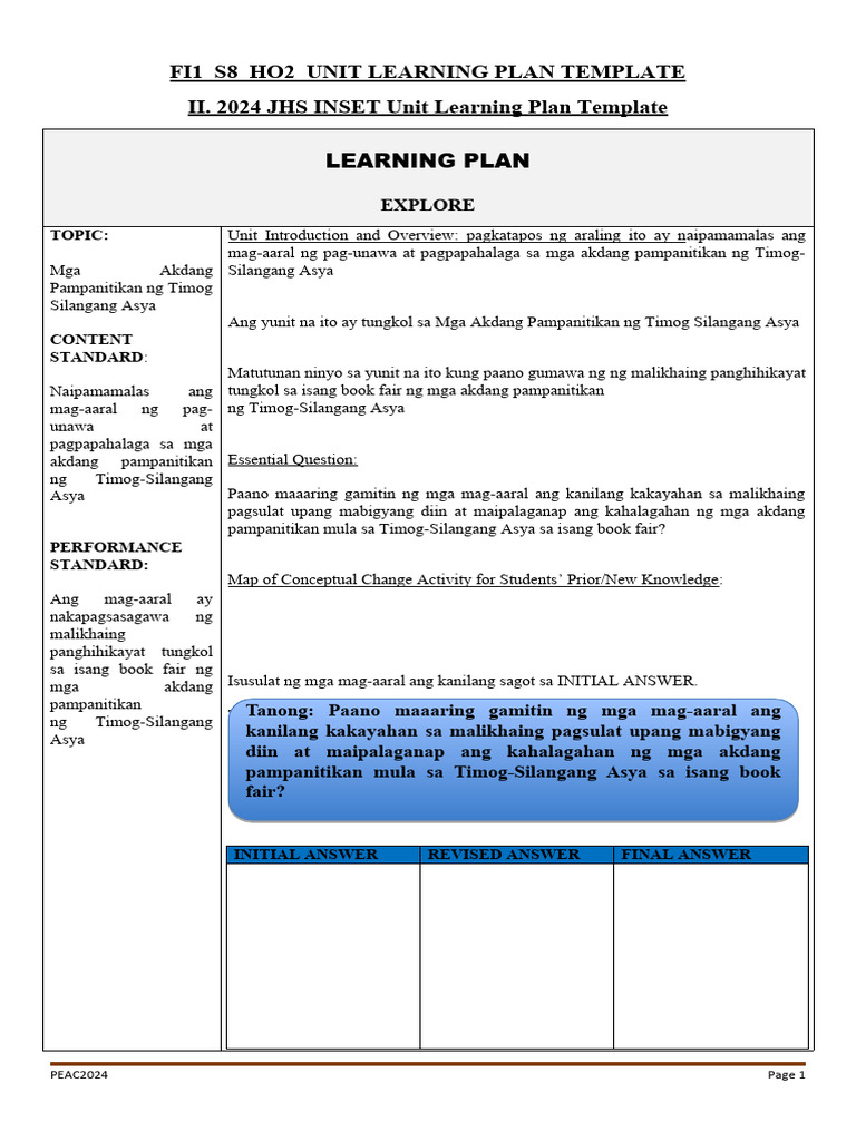 Bayon On Unit Learning Plan Template | PDF