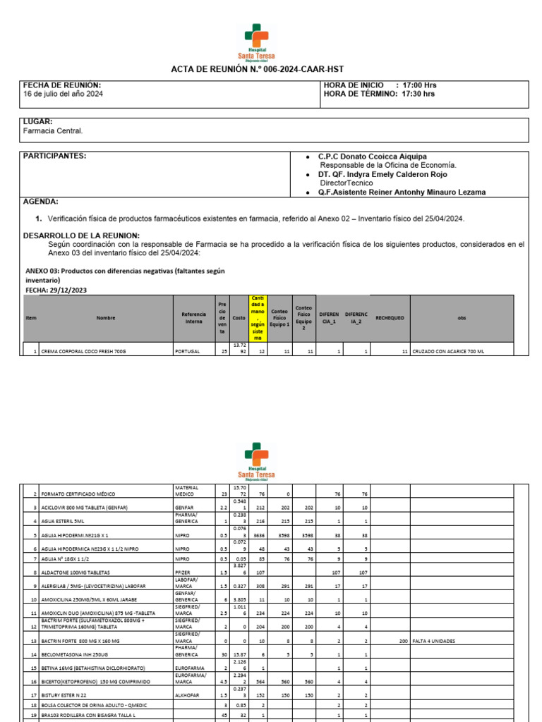 Acta Reunion - 006-2024 | PDF | Sistema de saúde | Farmacologia