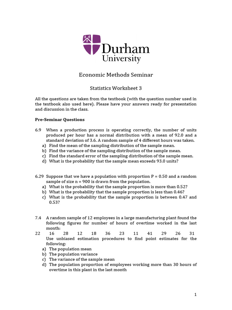 Economic Methods - Seminar 8 Qs | PDF | Confidence Interval | Sampling (Statistics)
