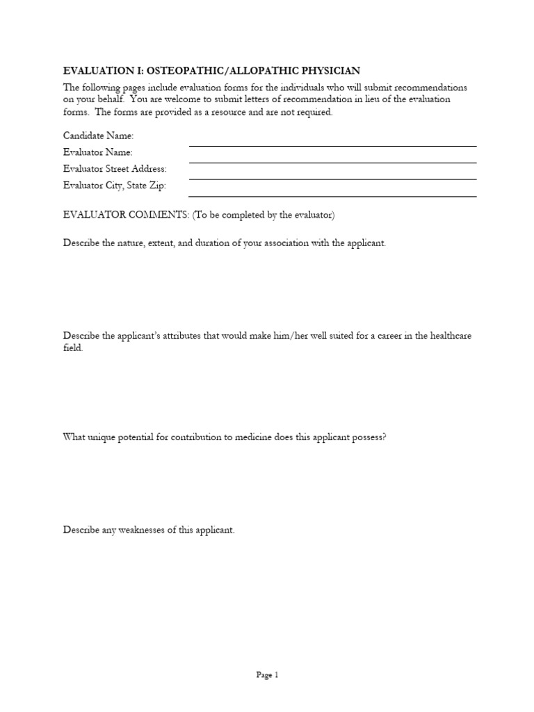 Osteopathic Physician Evaluation Form | PDF | Health Care | Social Programs