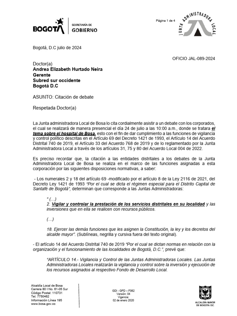 Oficio 089 Sub Red | PDF | Bogotá | Servicio Civil