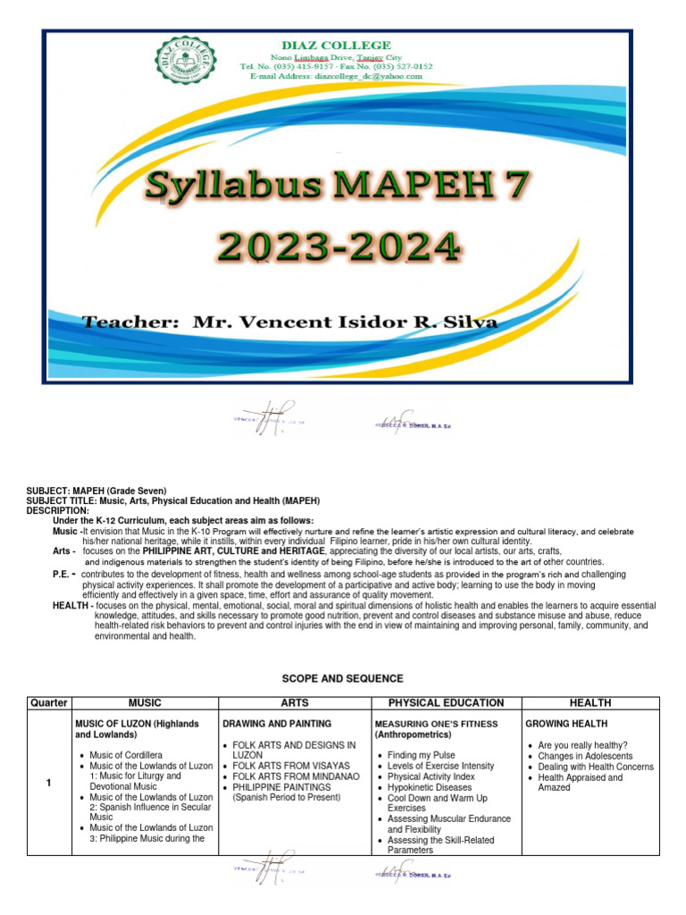 Syllabus-Mapeh-7 2023-2024 | PDF | Learning | Physical Education