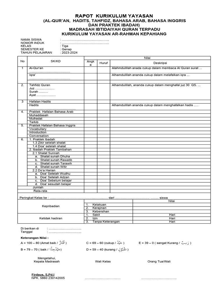 Rapot Yayasan Kelas 3 | PDF