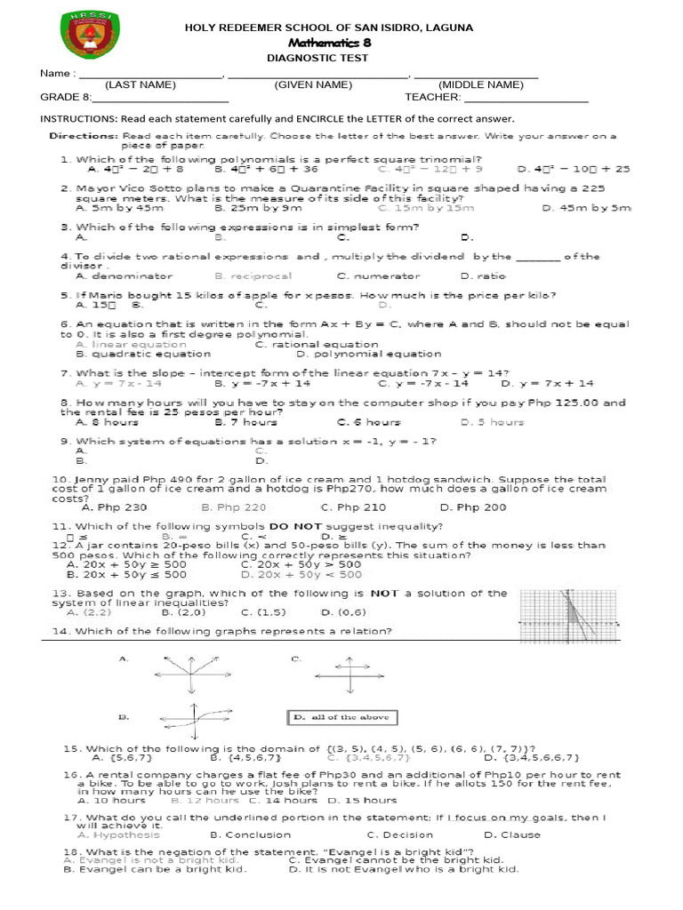 Diagnostic Test Math 8 | PDF | Teaching Methods & Materials