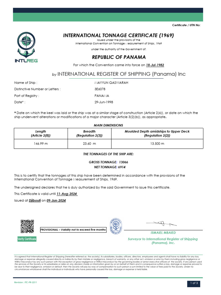 International Tonnage Certificate for Mayyun Qaswarah | PDF | Tonnage | Private Law
