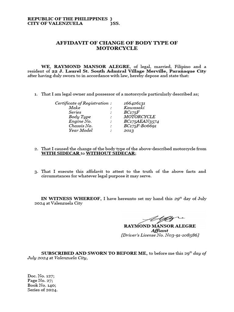 Affidavit of Change of Body Type of Motorcycle | PDF