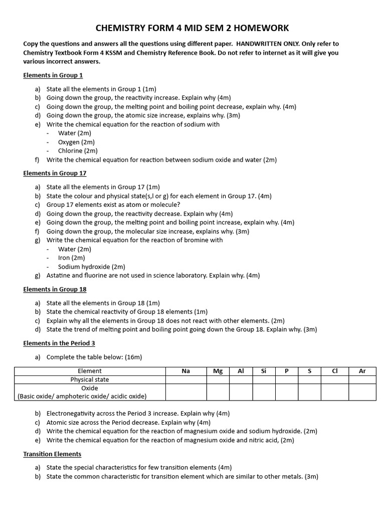 Chemistry Form 4 Mid Sem 2 Homework | PDF | Chemistry | Chemical Elements