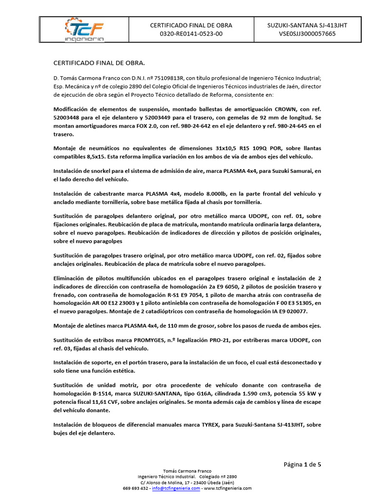 Certificado Final de Obra 0320-RE0141-0523-00 | PDF | Eje | Industria ...