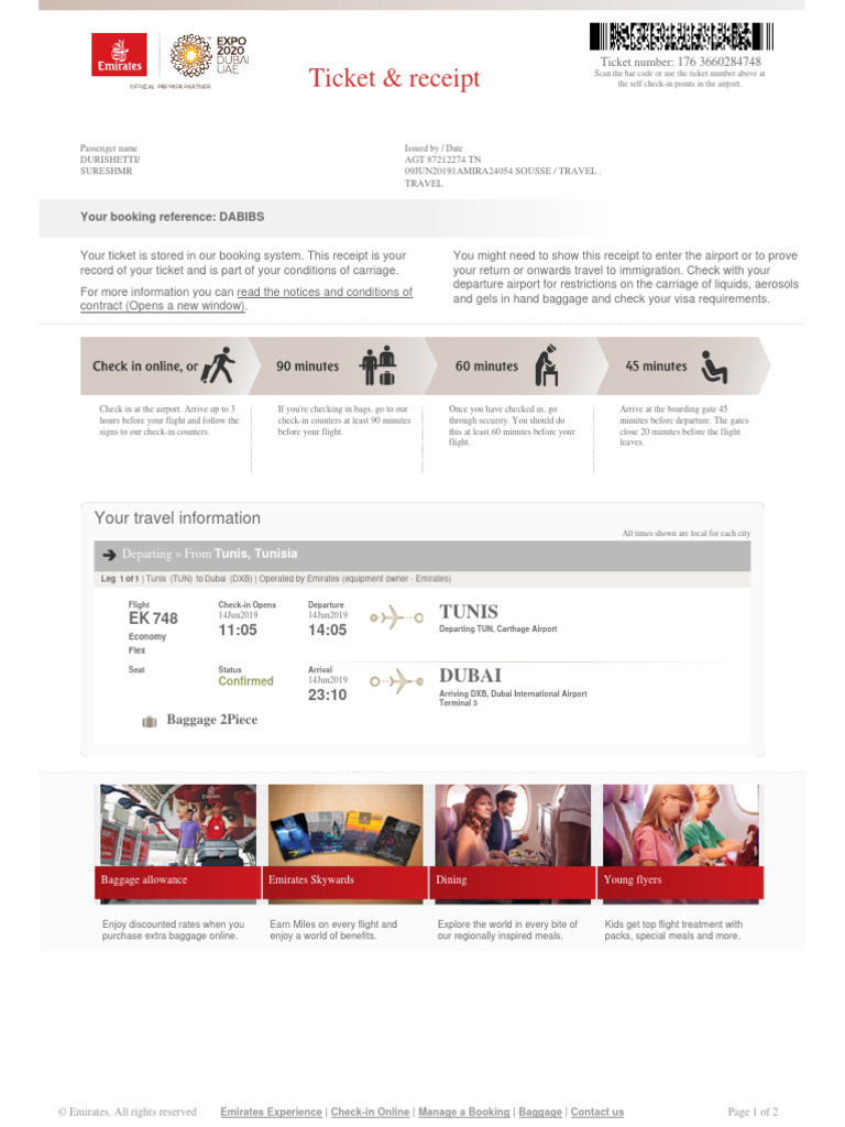 Emirates Ticket 1 | PDF | Baggage | Aviation