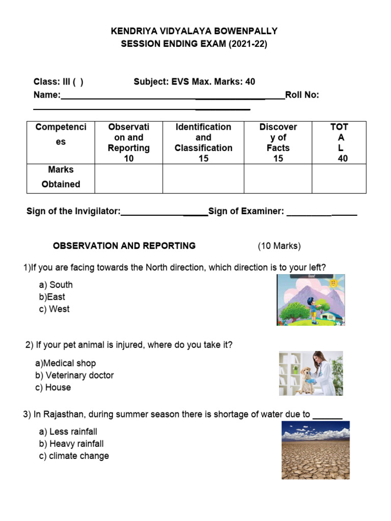 Class 3 EVS Exam Paper 2021-22 | PDF | Hand