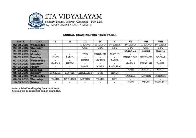 Annual Exam Timetable I - Viii | PDF