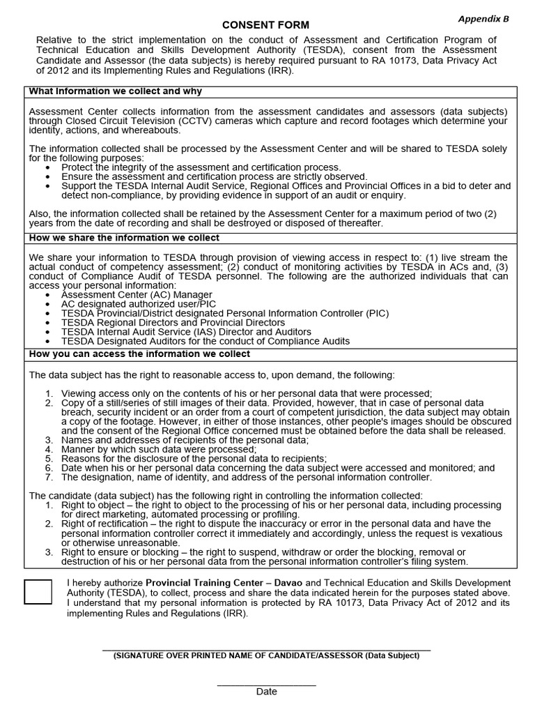 TESDA CCTV Consent Form for Assessment | PDF | Audit | Closed Circuit ...