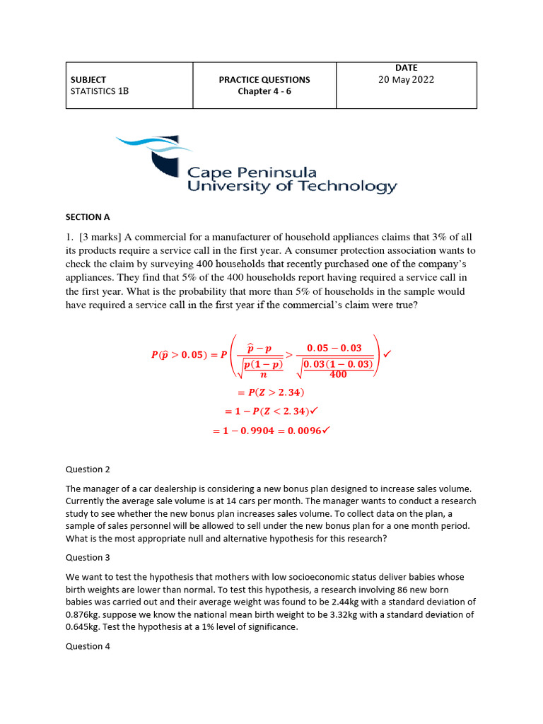 STA1B Practice Questions + Solutions 2022 | PDF | Statistical ...