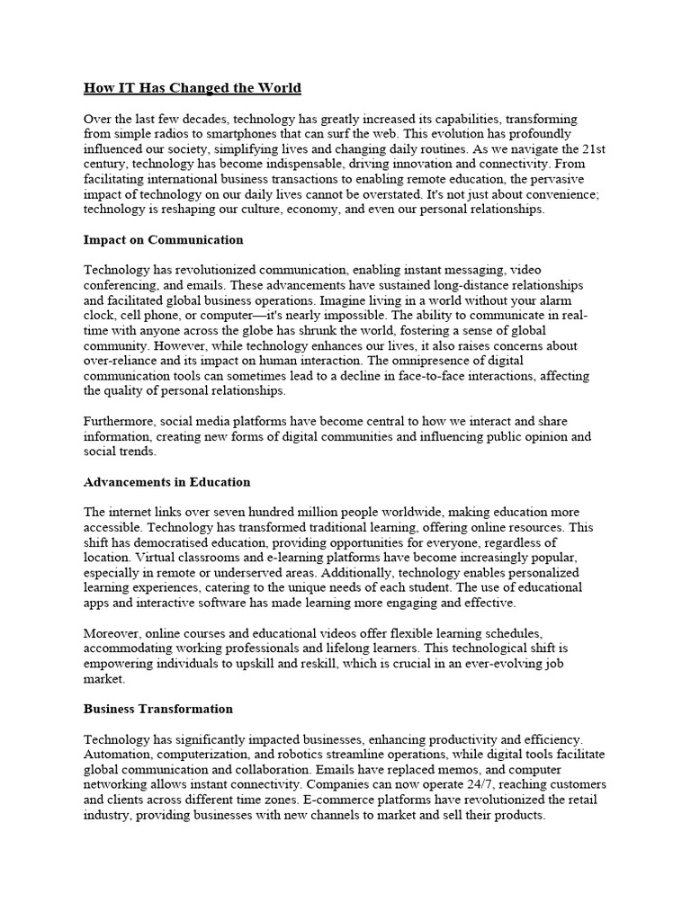 How IT Has Changed The World | PDF | Educational Technology | Internet ...
