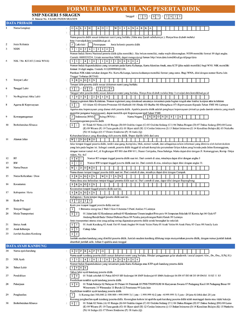 PPDB - Formulir Daftar Ulang 3314101105100004 | PDF
