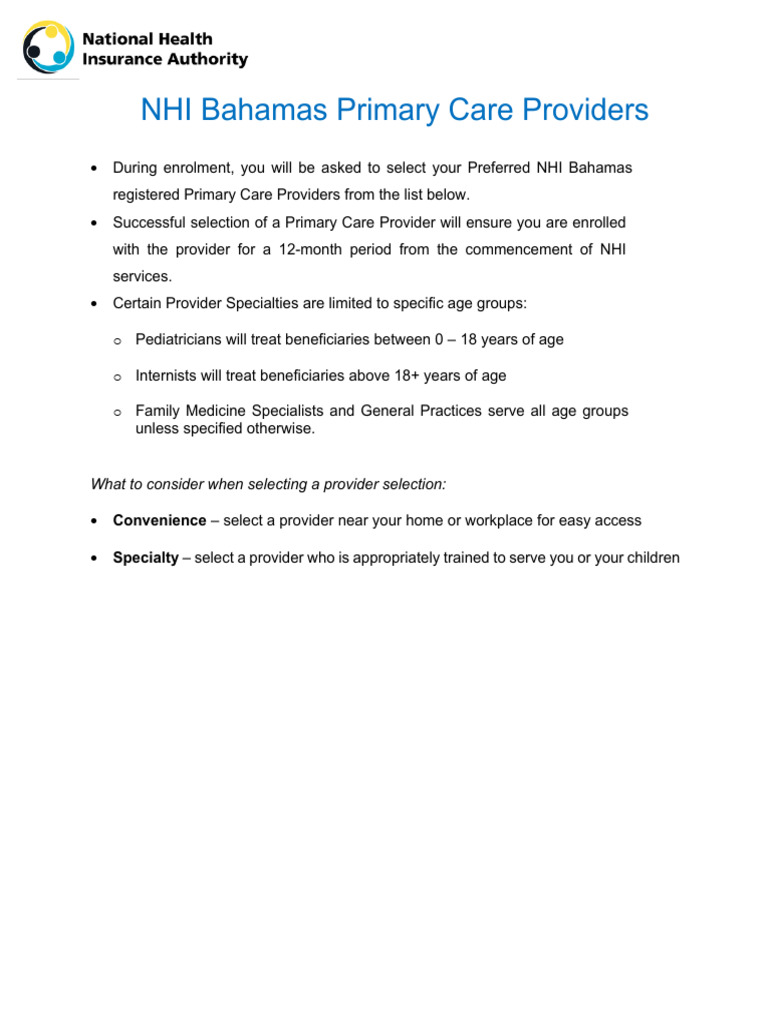 NHI Bahamas Primary Care Providers List | PDF | Family Medicine ...