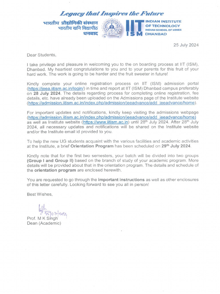 Welcome Letter and Important Instructions | PDF