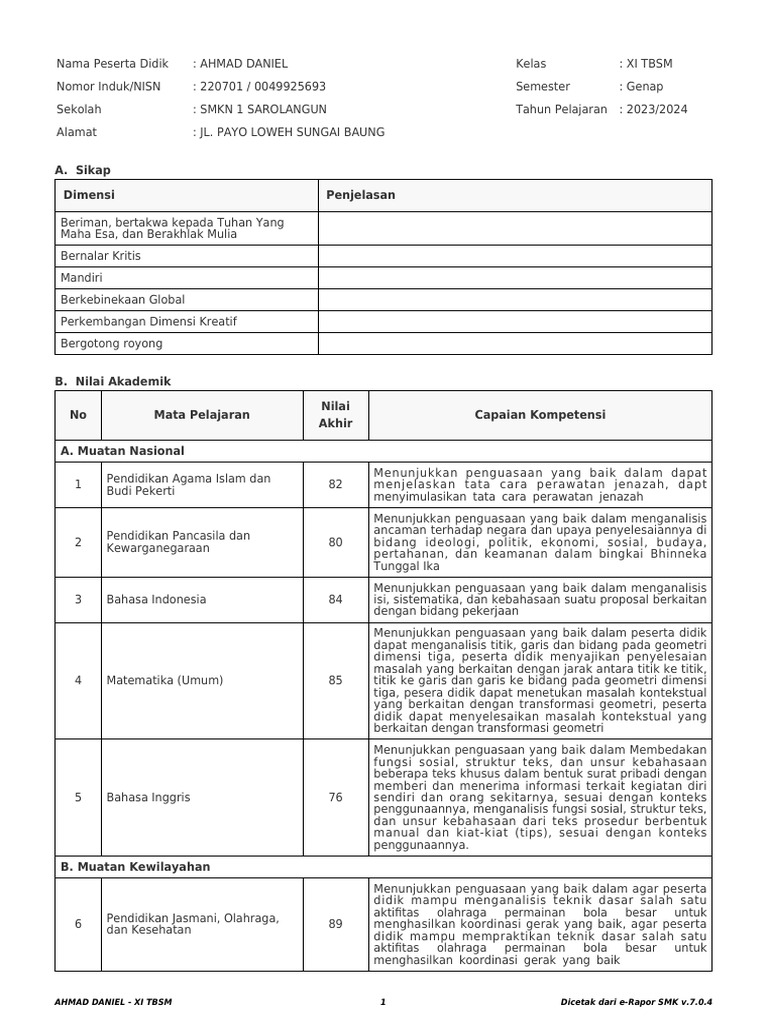 Rapor Ahmad Daniel - Xi TBSM - 2 | PDF