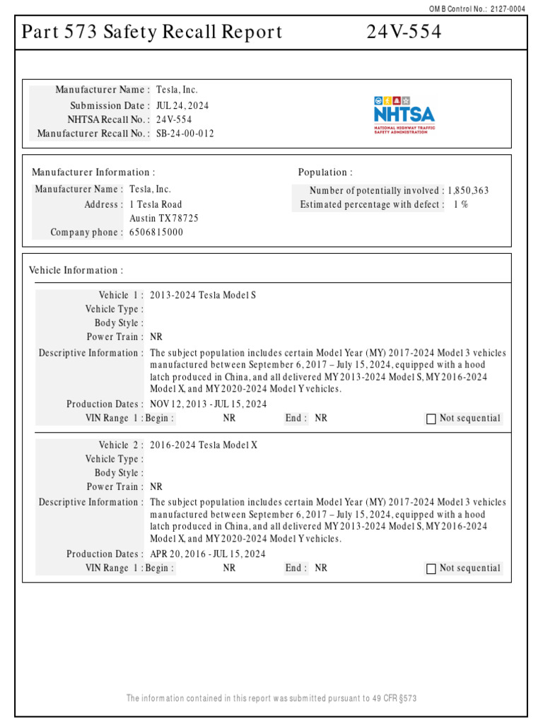 RCLRPT 24V554 9039 | PDF | Tesla Model S | Motor Vehicle
