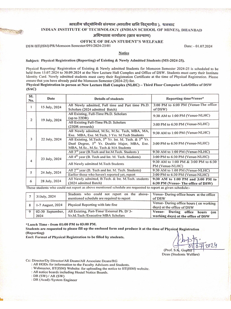 Notice of Physical Registration Monsoon Semester 2024-25 | PDF