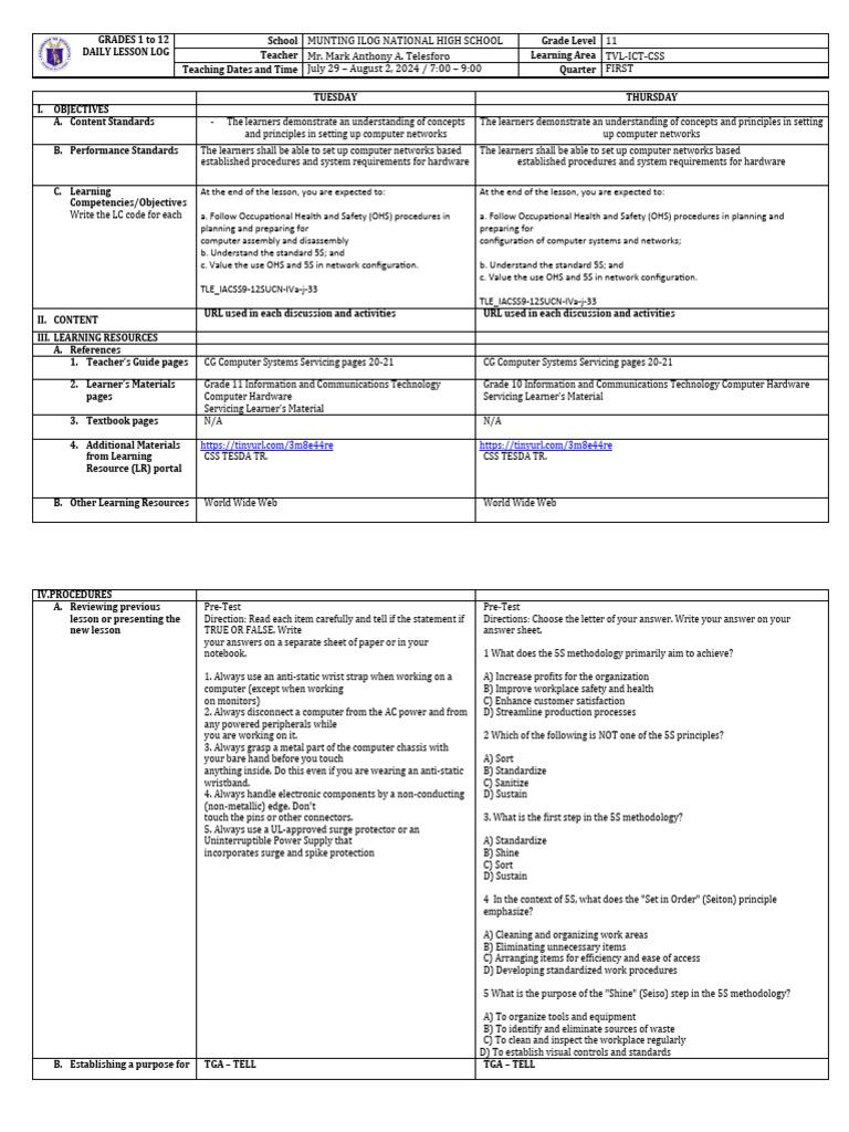 Daily Lesson Log: TVL-ICT-CSS Grade 11 | PDF | Occupational Safety And ...