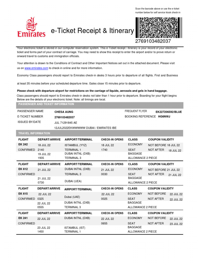 Emirates e-Ticket Itinerary Details | PDF