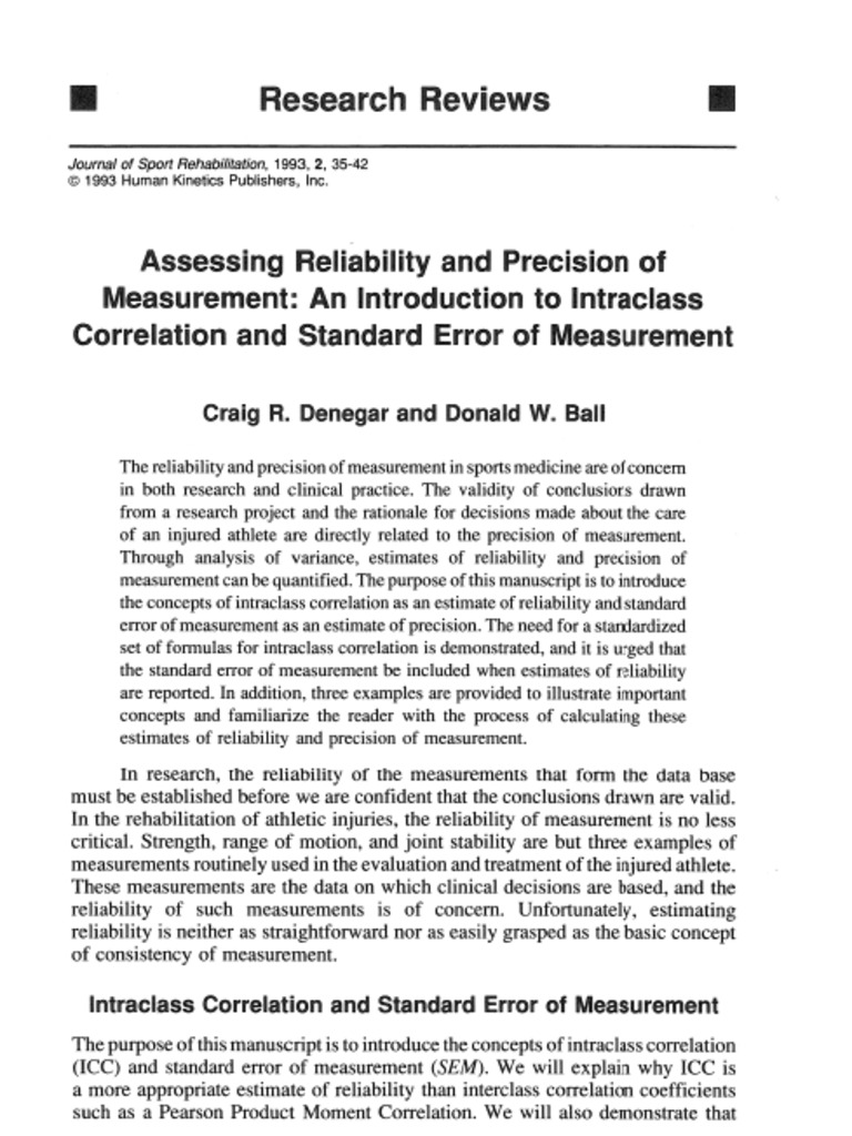 3 Denegar 1993 Assessing Reliability and Precision of Measurement An Introduction To Intraclass ...
