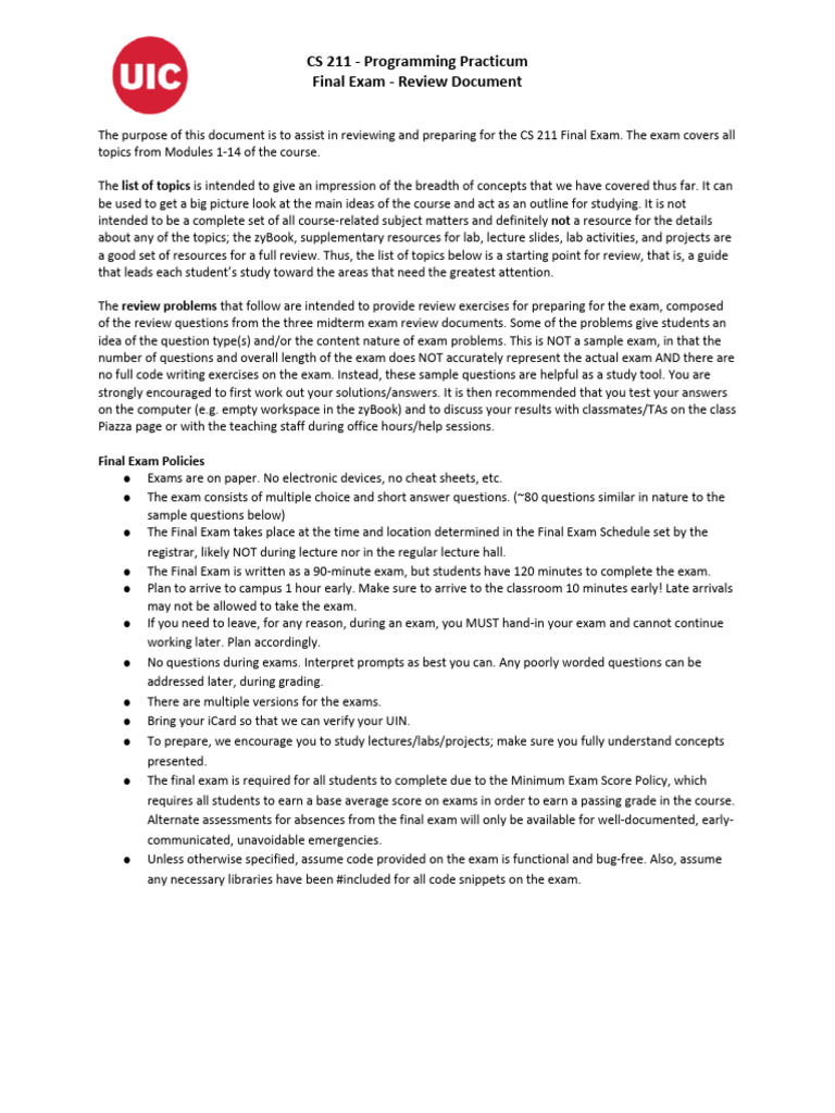 CS211 ExamFinal ReviewDoc | PDF | Inheritance (Object Oriented ...