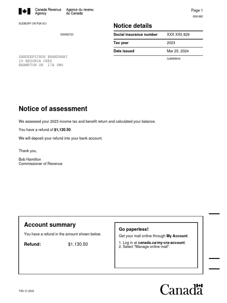 2024 Canada Notice of Assessment Sample | PDF | Tax Refund | Taxes