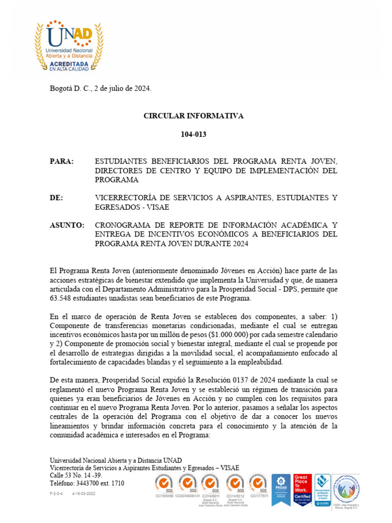 Circular Informativa 104-013 | PDF | Finanzas y dinero | Ciencias sociales