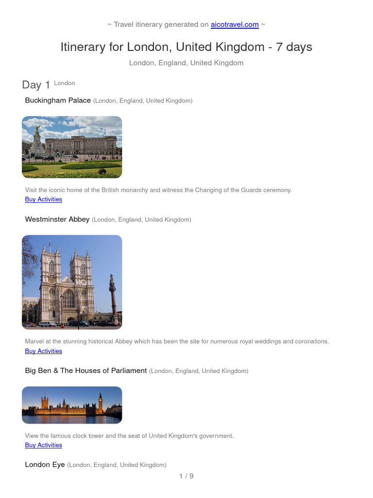 Itinerary For London, United Kingdom - 7 Days | PDF | London | England