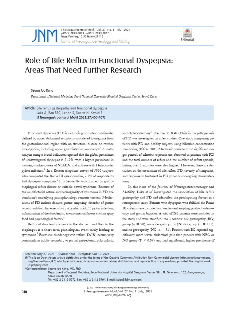 Bile Reflux and Functional Dyspepsia Insights | PDF | Indigestion ...