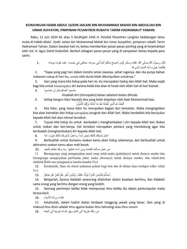 Kunjungan Habib Abdul Qodir Jailani Bin Muhammad Mahdi Bin Abdullah Bin Umar Assyatiri | PDF ...