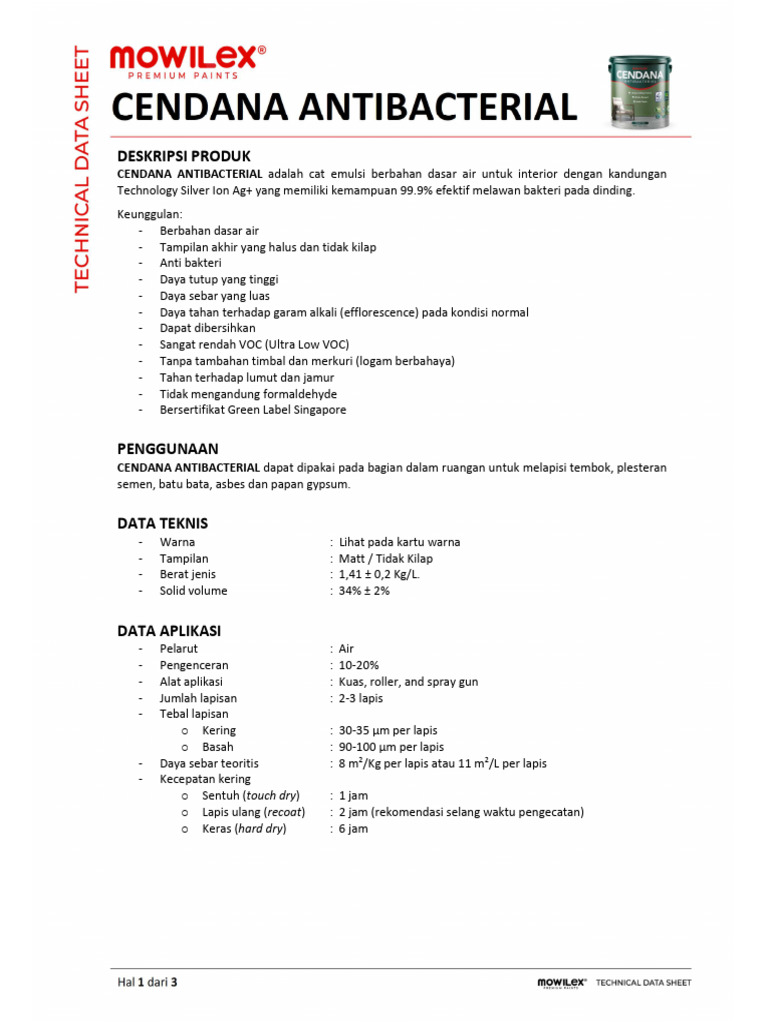 Lampiran 1 - Technical Data Sheet Cendana Interior Paint | PDF | Griya & Taman