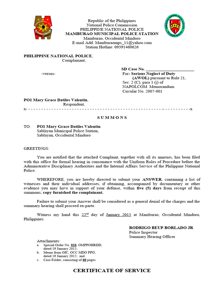 1-Summons-Sdp - Po1 Valentin - Jan-2015 | PDF | Summons | Subpoena Duces Tecum