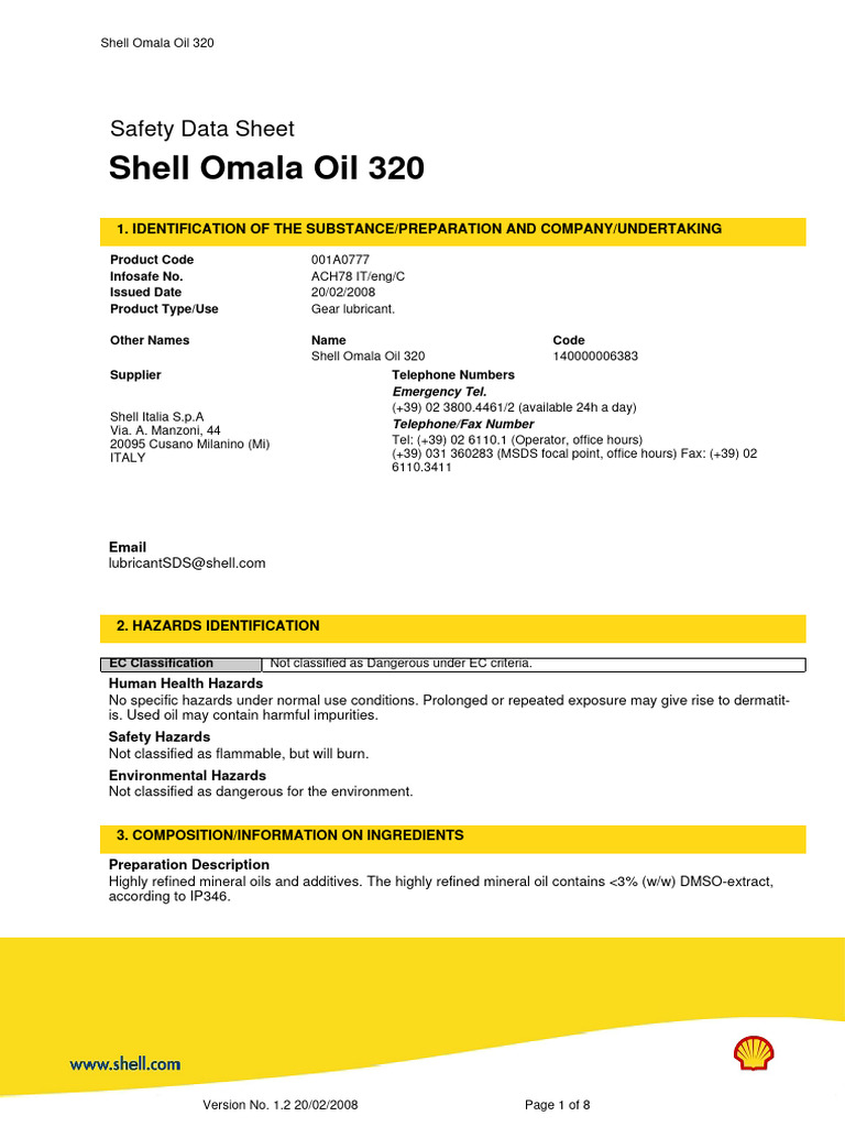 MSDS Omala 320 | PDF | Toxicity | Waste Management