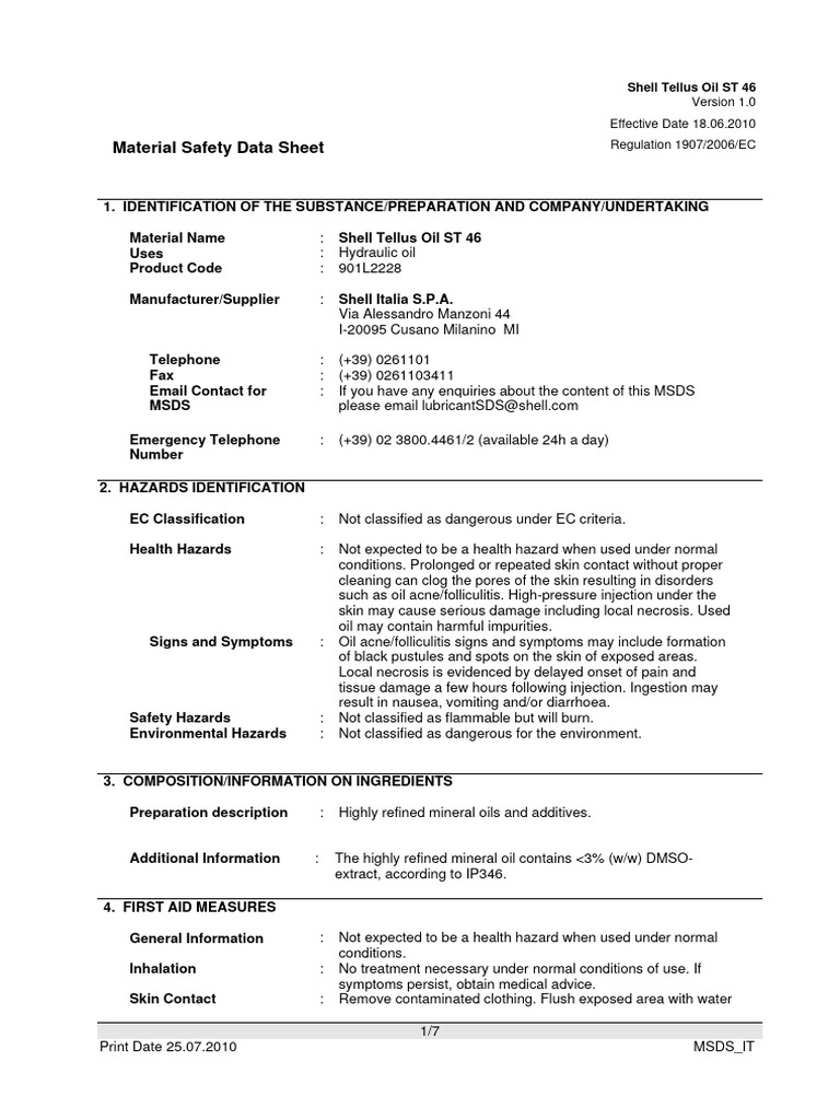 Shell Tellus Oil ST 46 MSDS | PDF | Toxicity | Waste