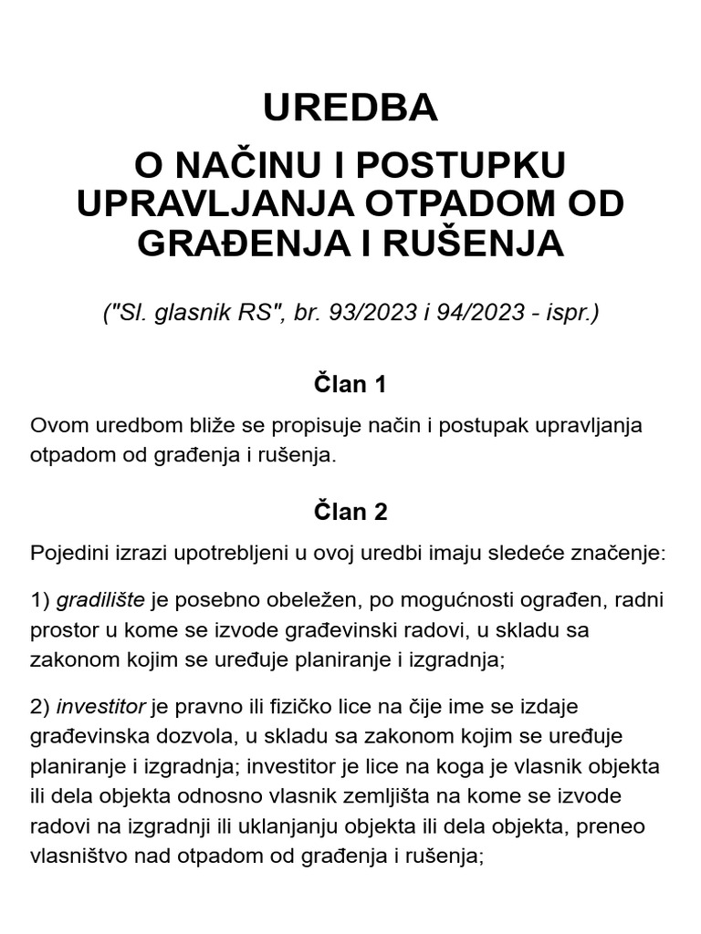 Uredba o Načinu I Postupku Upravljanja Otpadom Od Građenja I Rušenja | PDF