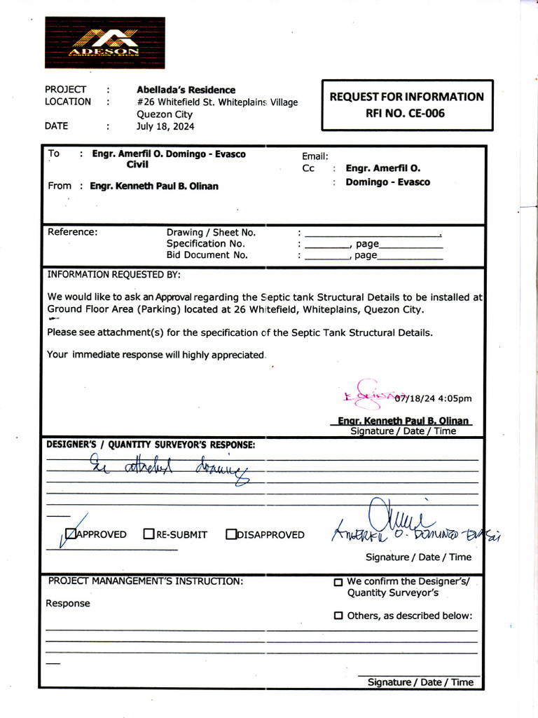 Septic Tank Approval Request - Abellada's Residence | PDF