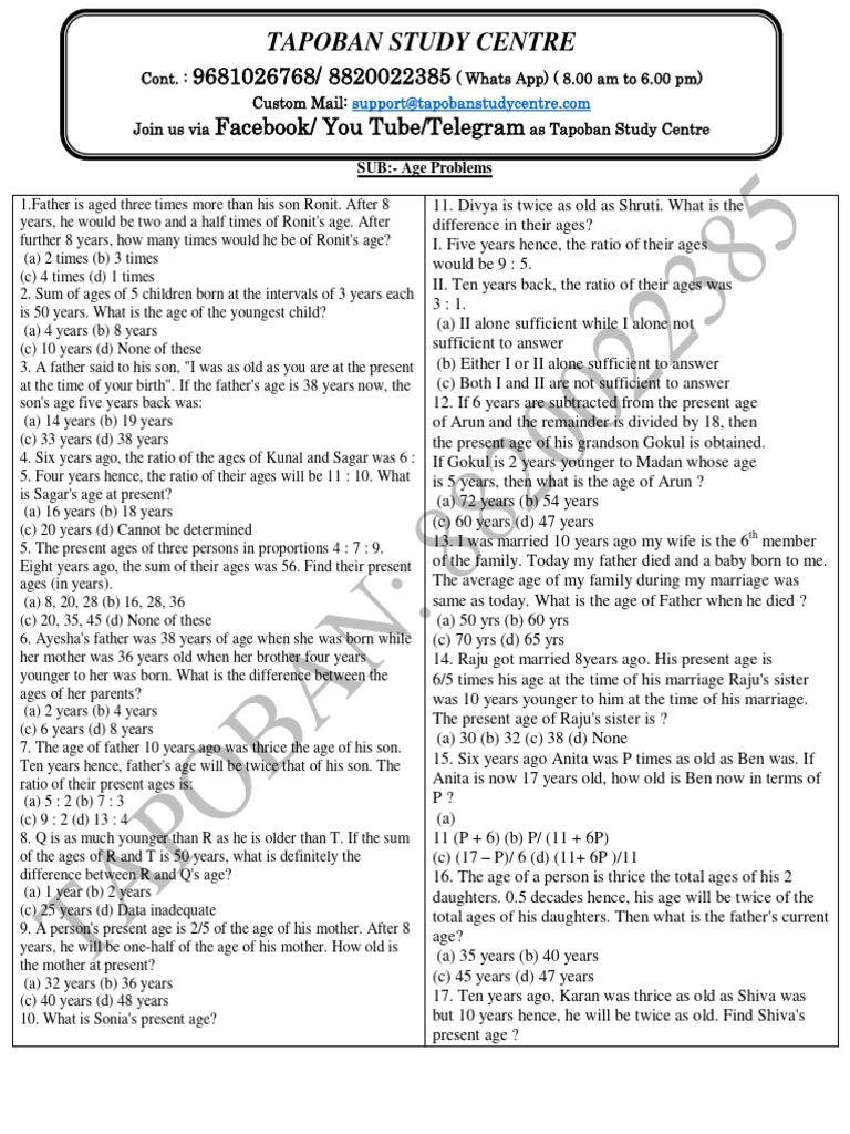 Age Problem Practice Set | PDF | Kinship And Descent | Living Arrangements