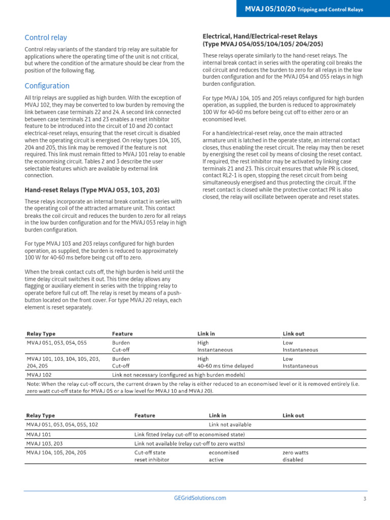 Control Relay: Electrical, Hand/Electrical-reset Relays (Type MVAJ 054 ...